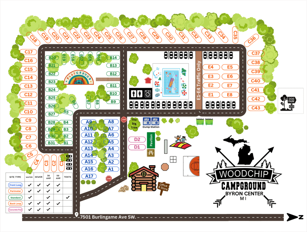 Woodchip Campground Site Map | RV & Tent Campsites Near Grand Rapids, MI